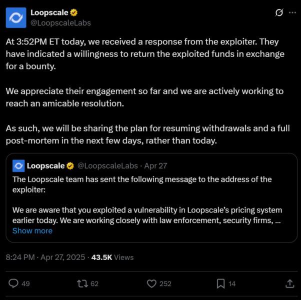 Loopscale hacker in talks to return stolen crypto — TradingView News