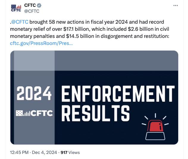 CFTC bags record $17B in 2024 thanks to massive crypto enforcement — TradingView News