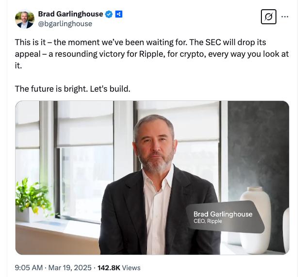 SEC will drop its appeal against Ripple, CEO Garlinghouse says — TradingView News